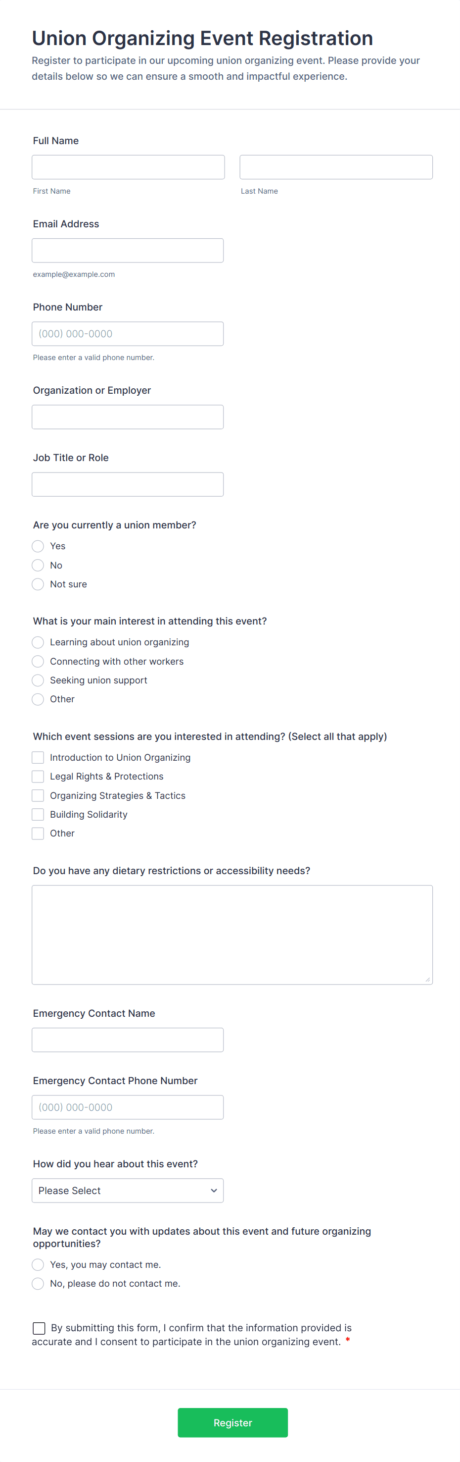Union Organizing Event Registration Form Template | Jotform