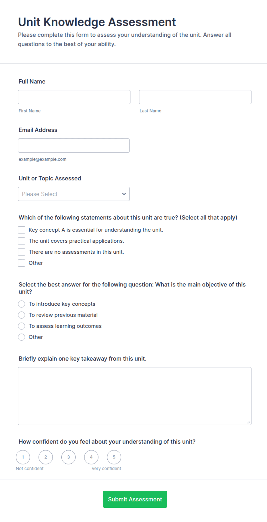 Unit Knowledge Assessment Form Template | Jotform