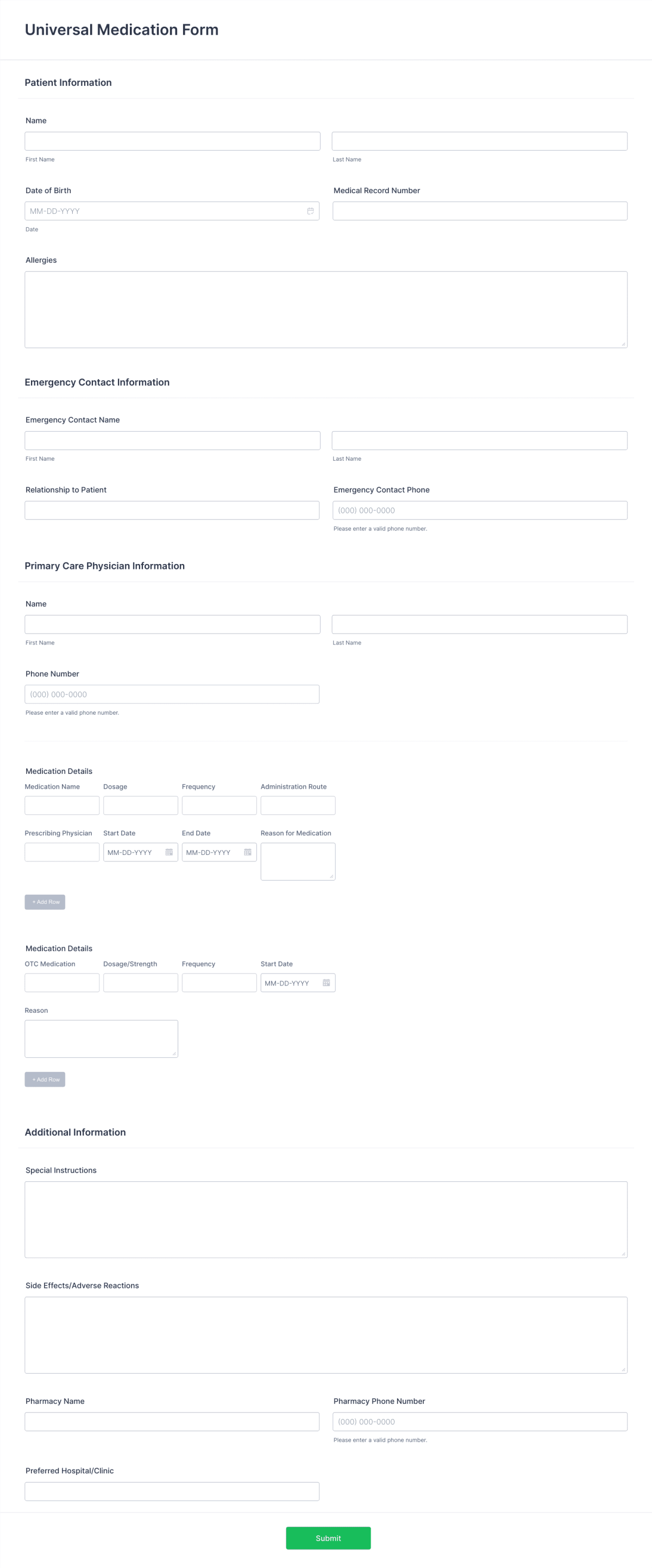 Universal Medication Form Template | Jotform