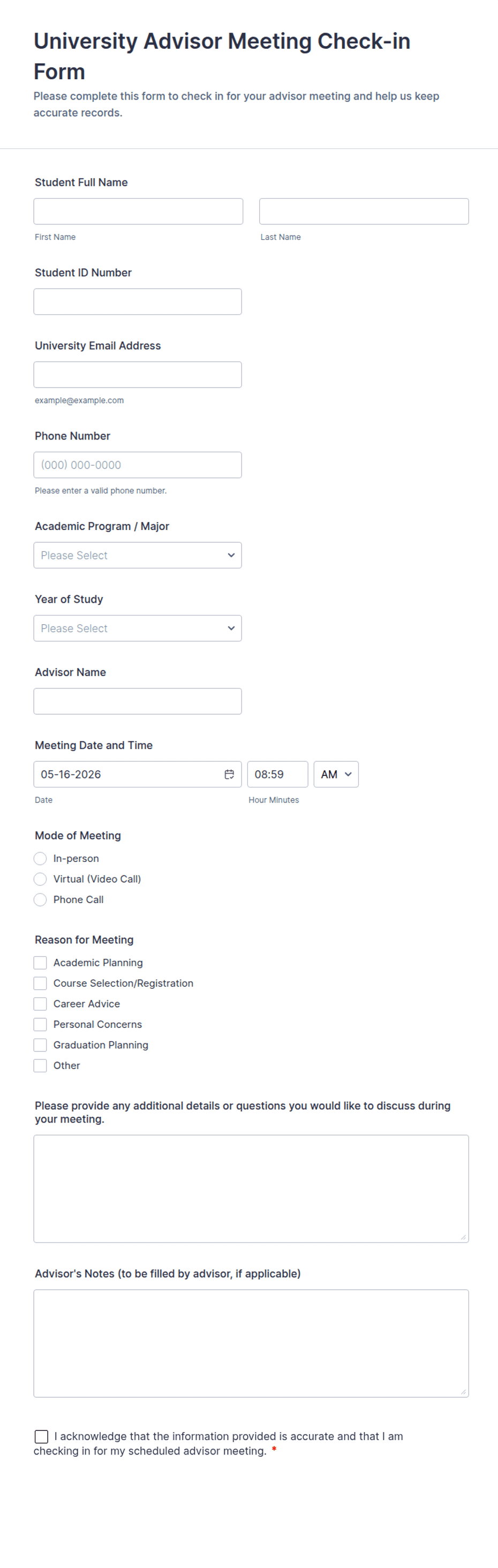 University Advisor Meeting Check-in Form Template | Jotform
