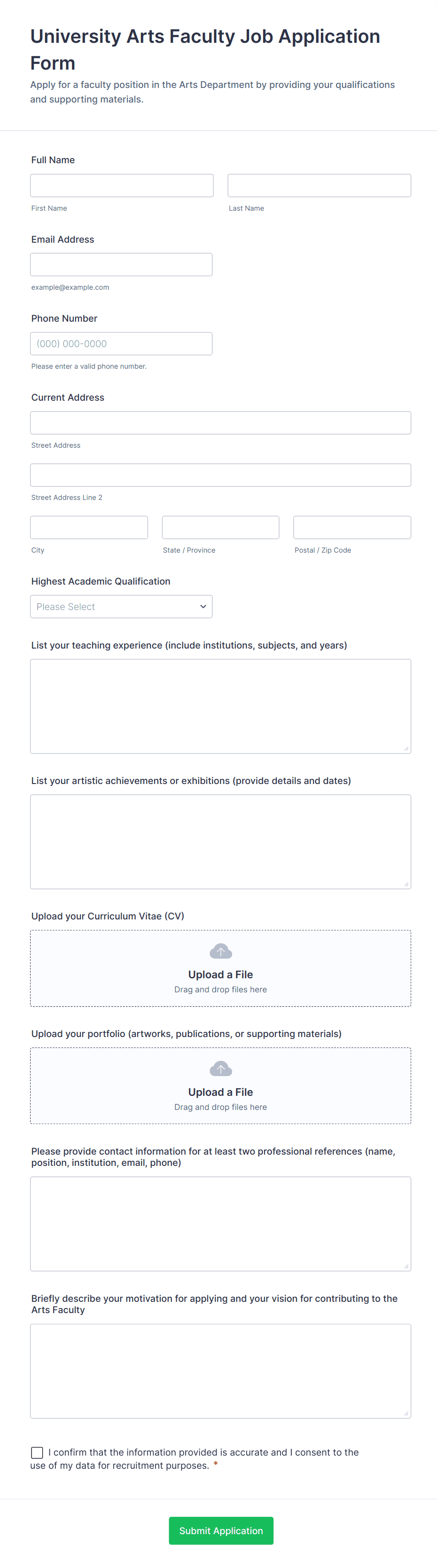 University Arts Faculty Job Application Form Template | Jotform