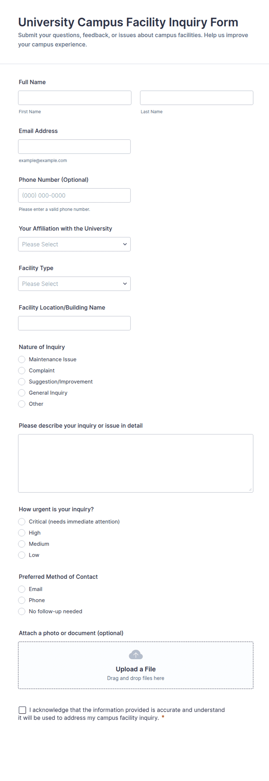 University Campus Facility Inquiry Form Template | Jotform