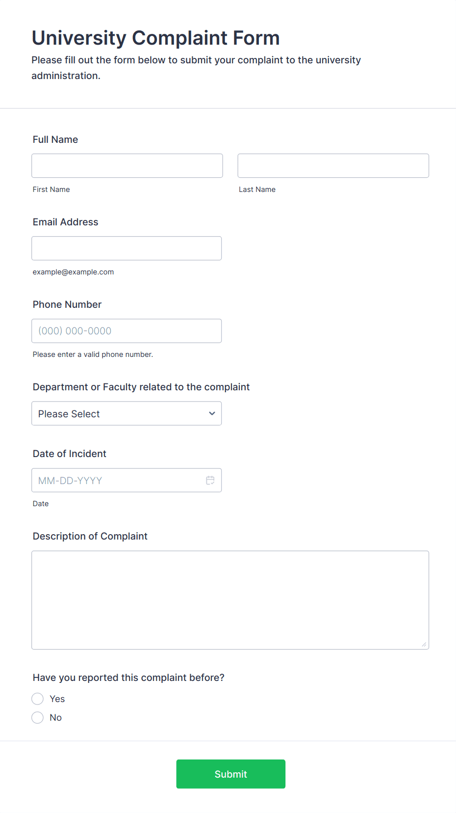 University Complaint Form Template | Jotform