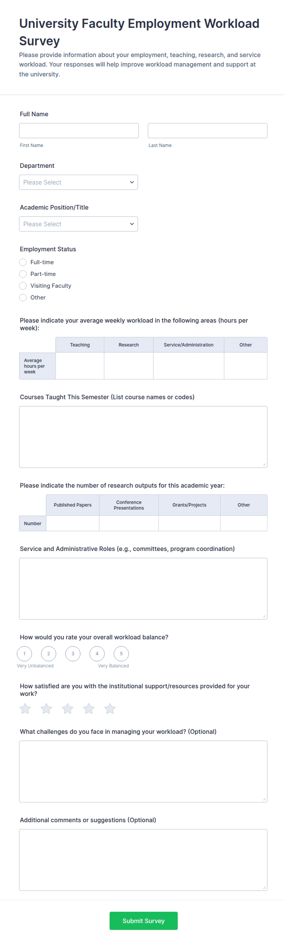University Faculty Employment Workload Survey Form Template | Jotform