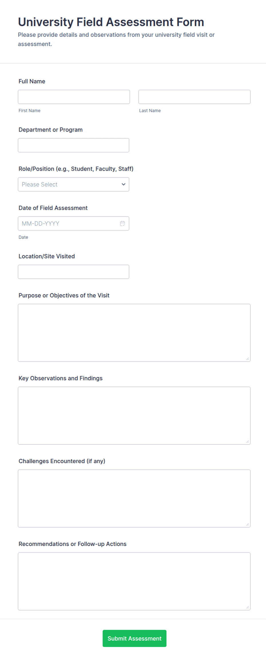 University Field Assessment Form Template | Jotform