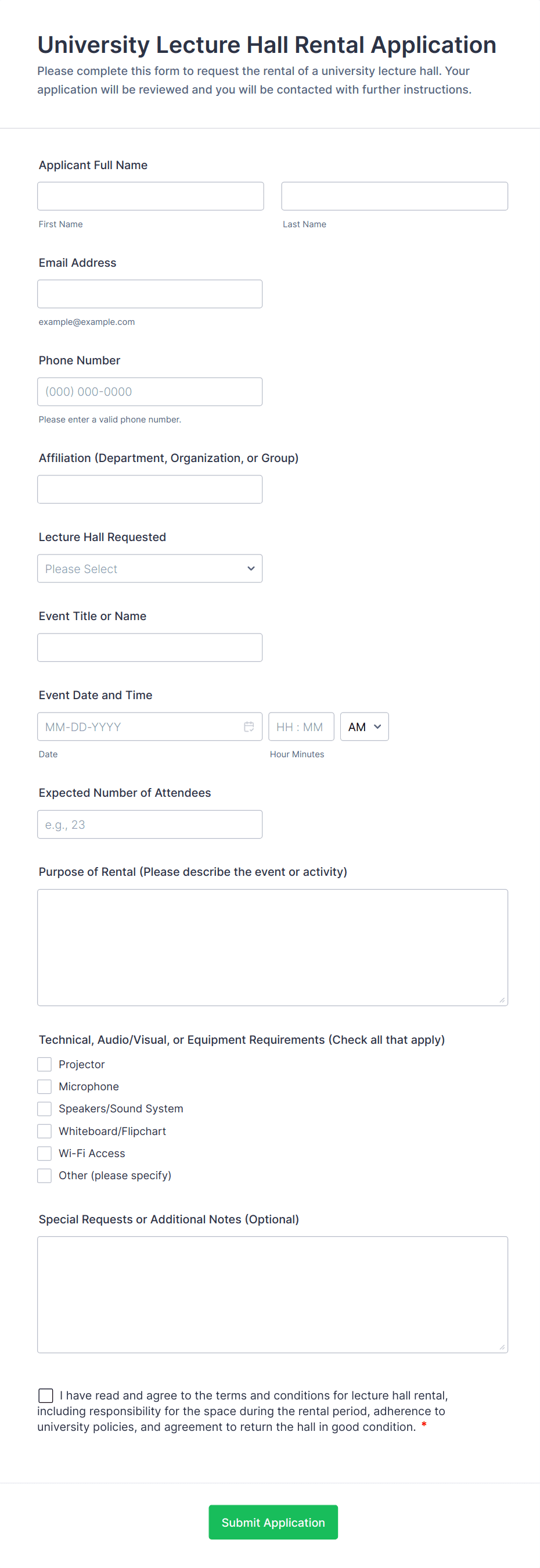 University Lecture Hall Rental Application Form Template | Jotform