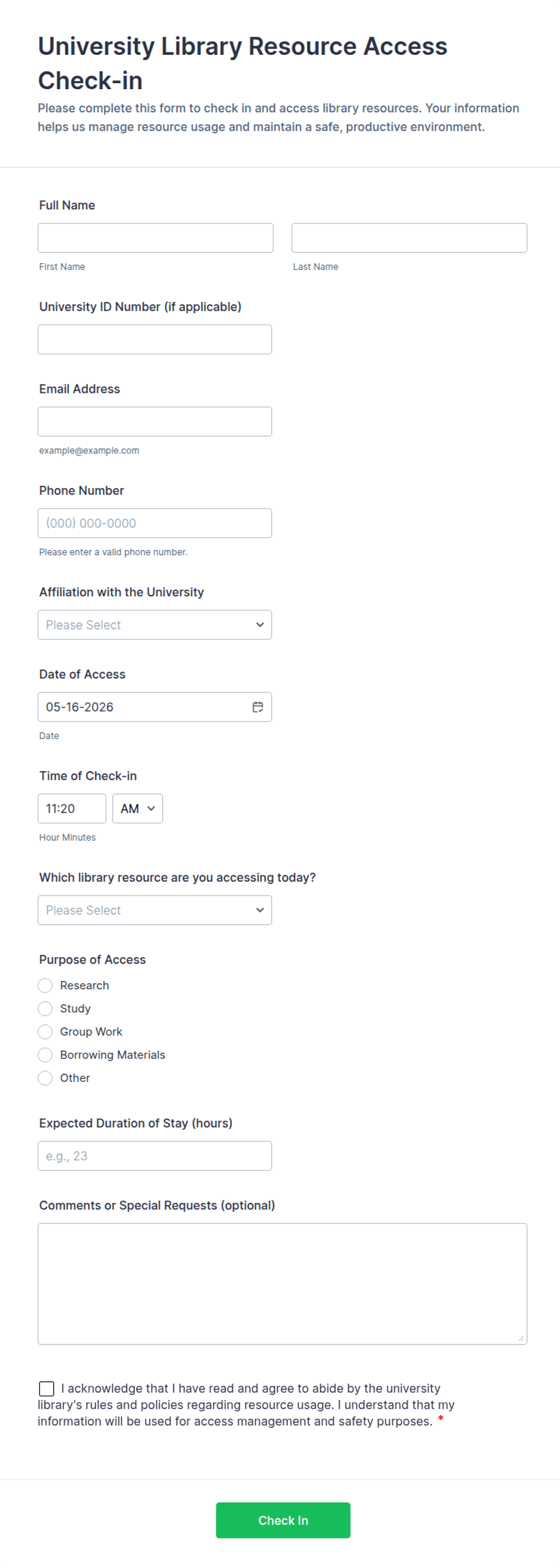 University Library Resource Access Check-in Form Template | Jotform