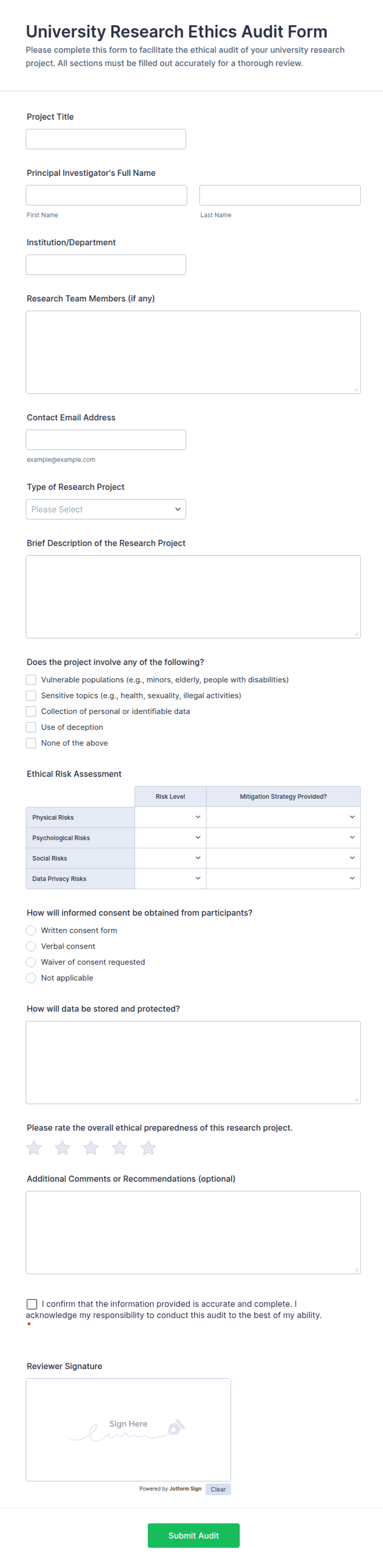 University Research Ethics Audit Form Template | Jotform