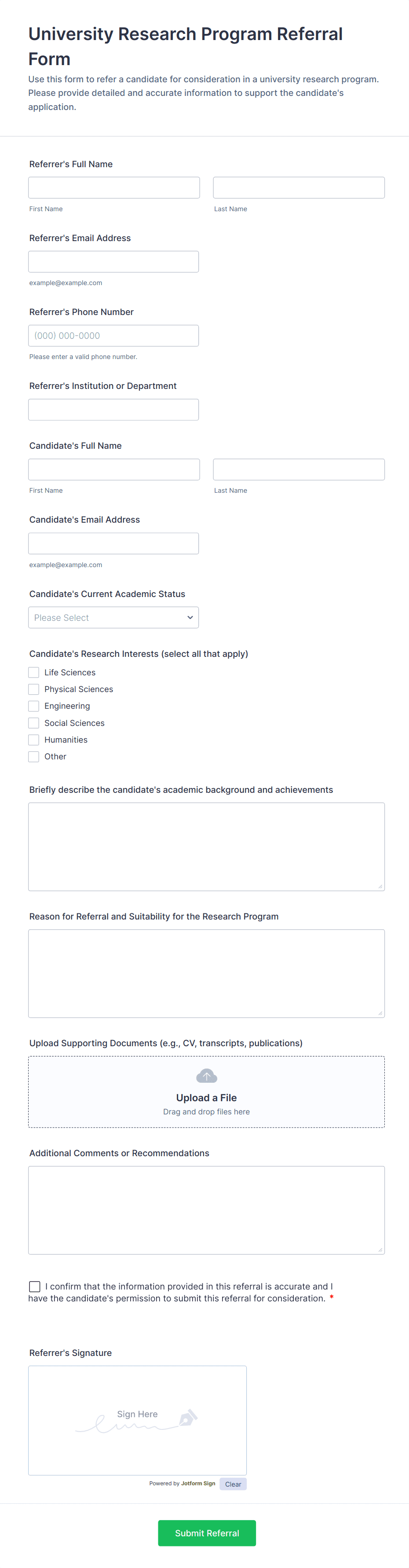 University Research Program Referral Form Form Template | Jotform