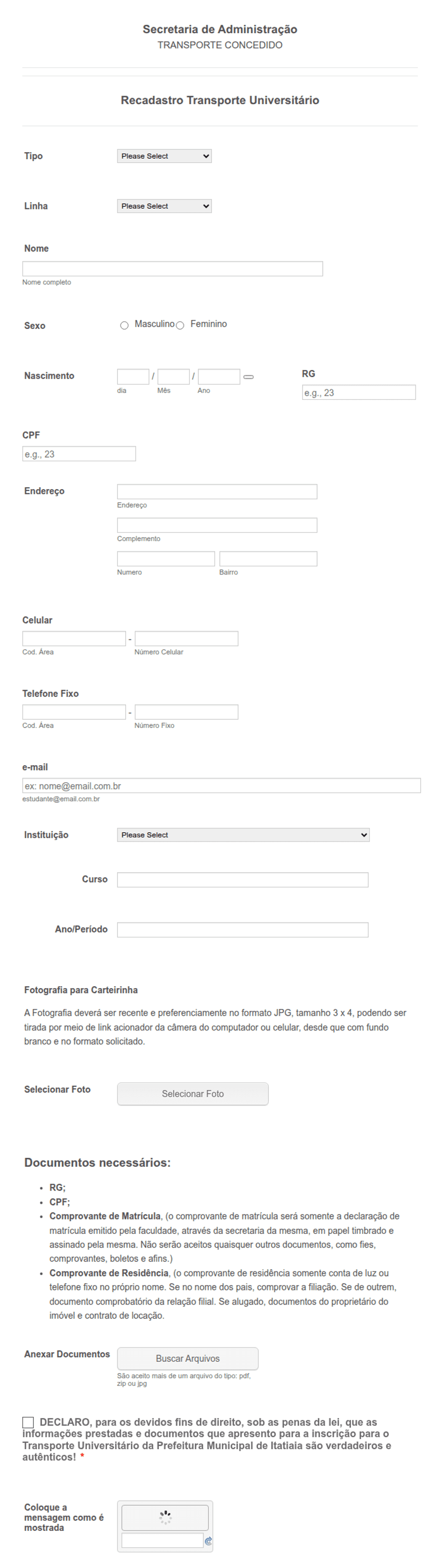 University Transportation Registration Form in Portuguese Modelo de ...