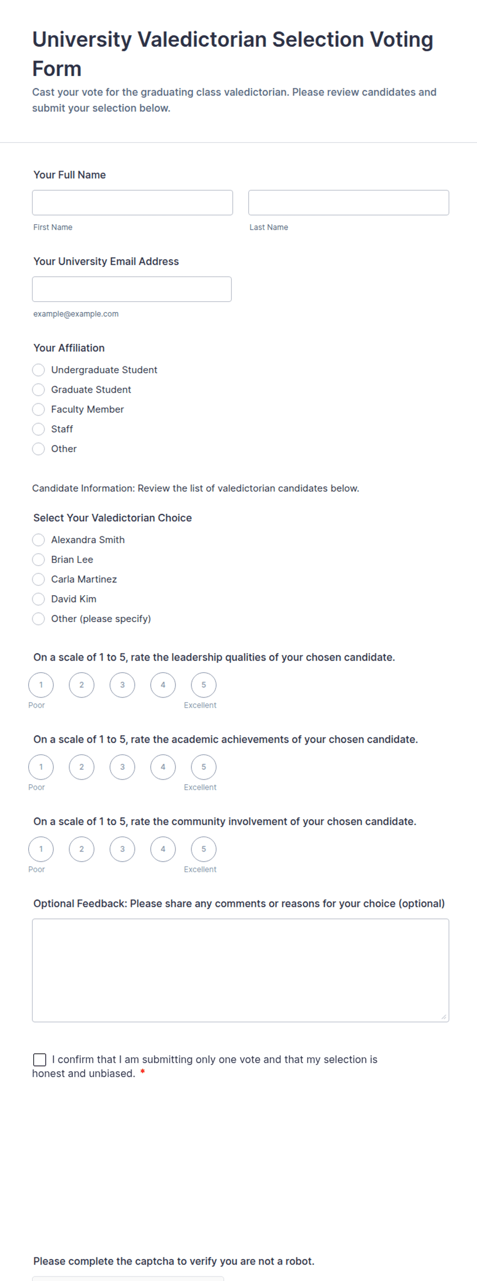 University Valedictorian Selection Voting Form Template | Jotform