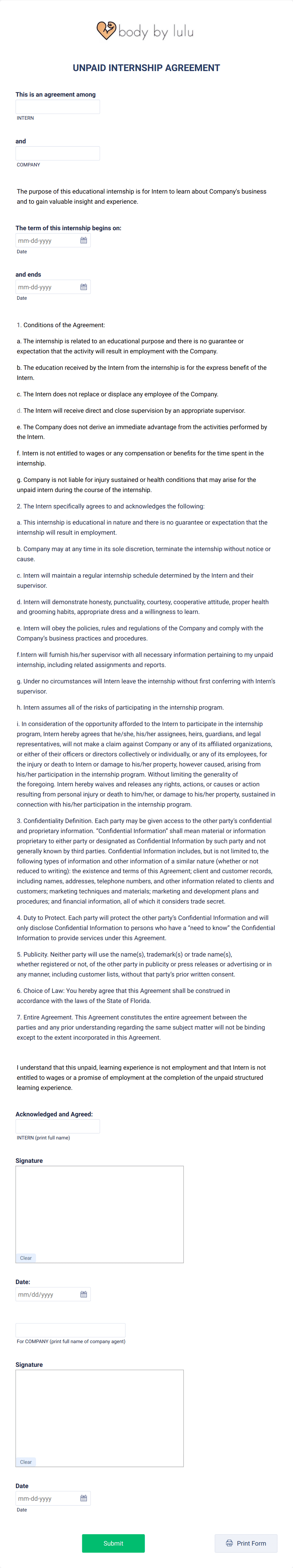 UNPAID INTERNSHIP AGREEMENT Form Template | Jotform