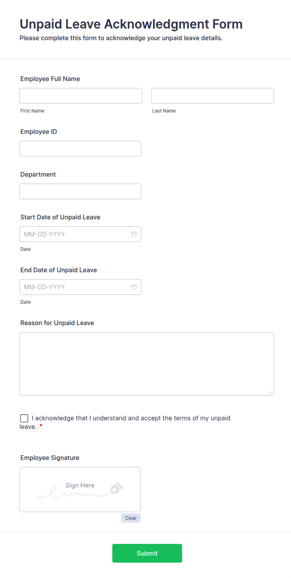Unpaid Leave Acknowledgment Form Template | Jotform