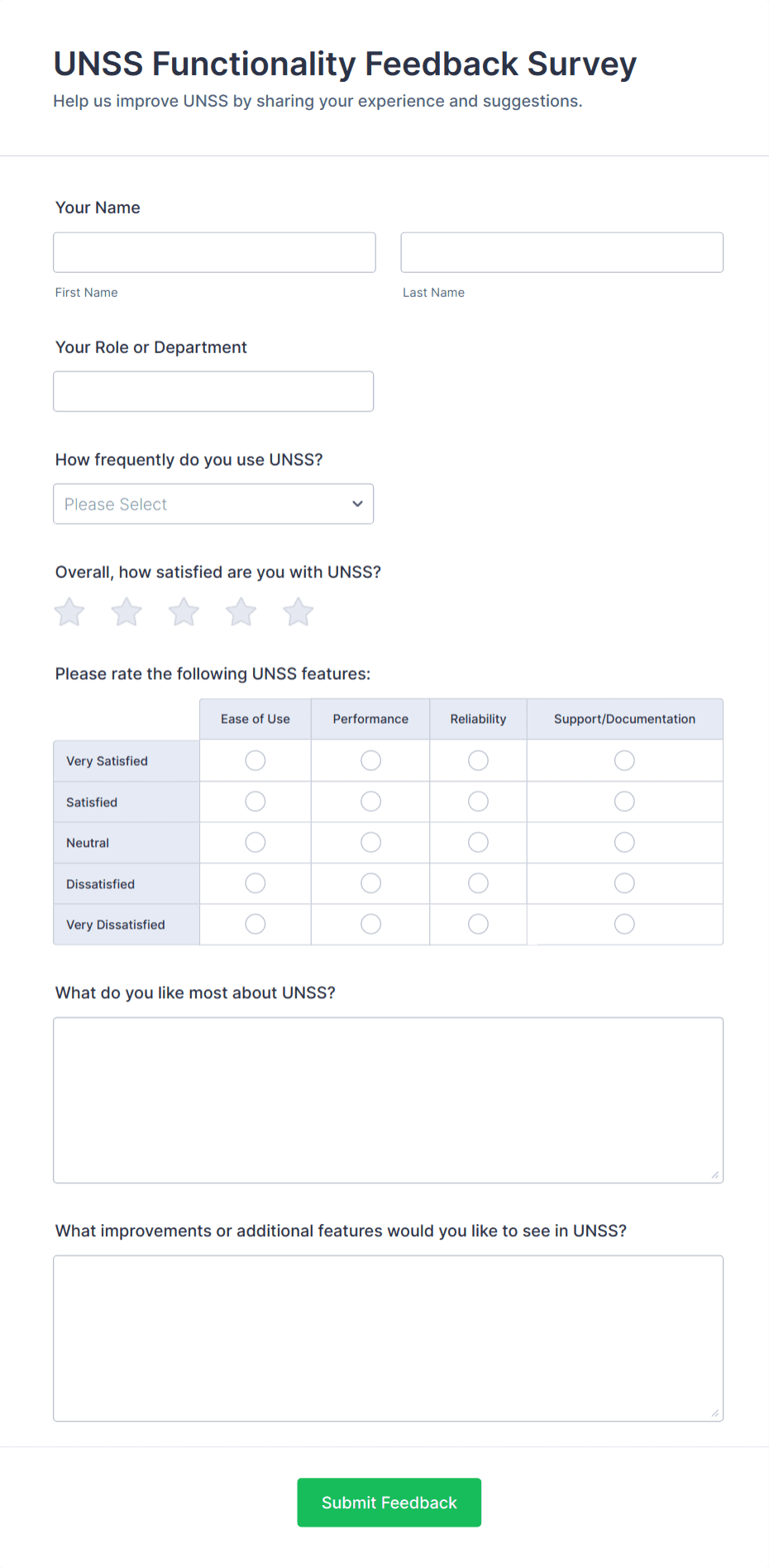 UNSS Functionality Feedback Survey Form Template | Jotform