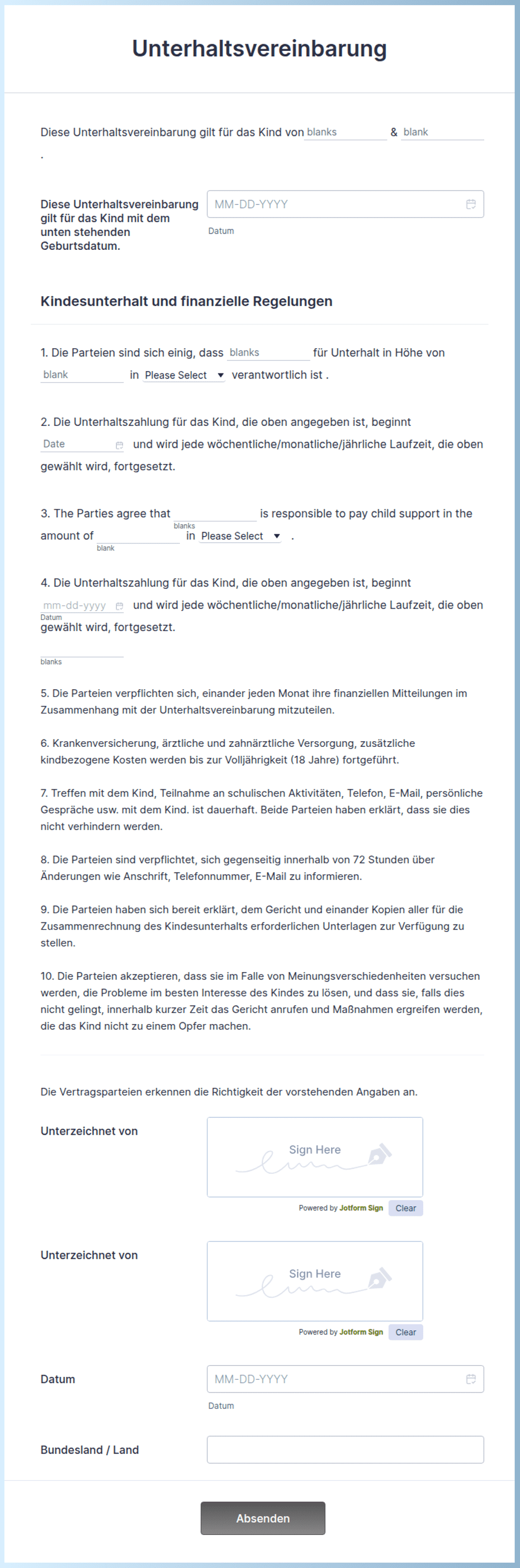 Unterhaltsvereinbarung Formularvorlage | Jotform