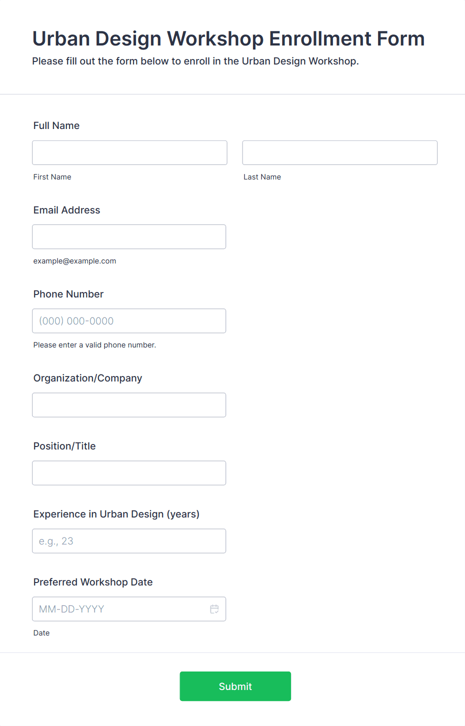 Urban Design Workshop Enrollment Form Template | Jotform