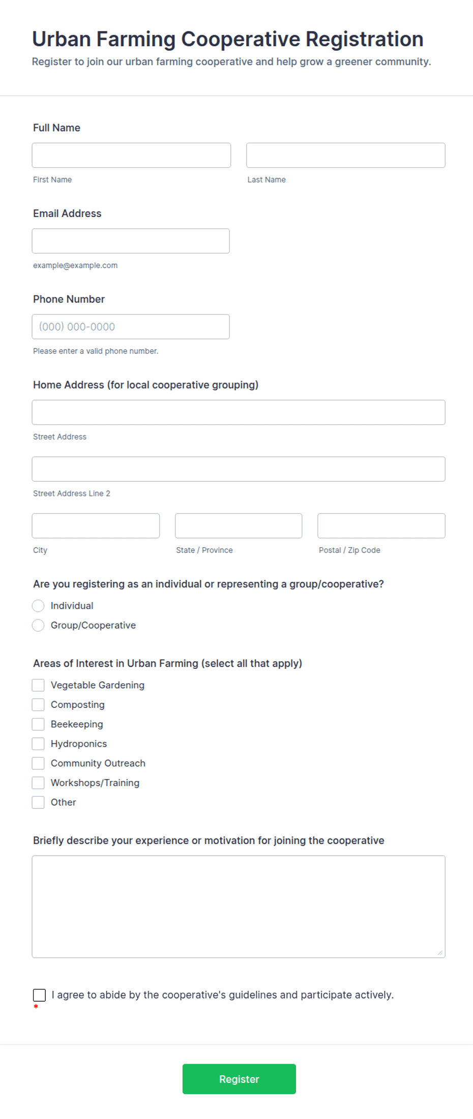 Urban Farming Cooperative Registration Form Template | Jotform