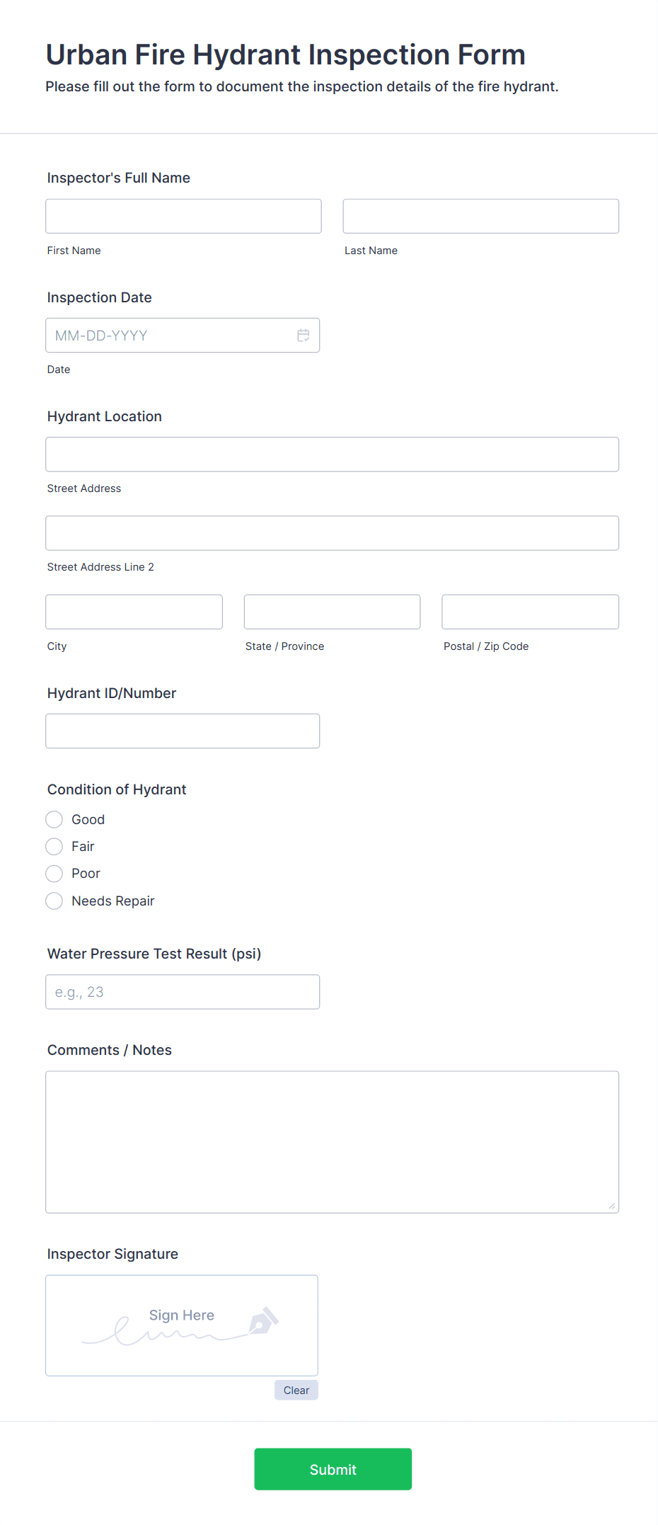 Urban Fire Hydrant Inspection Form Template | Jotform