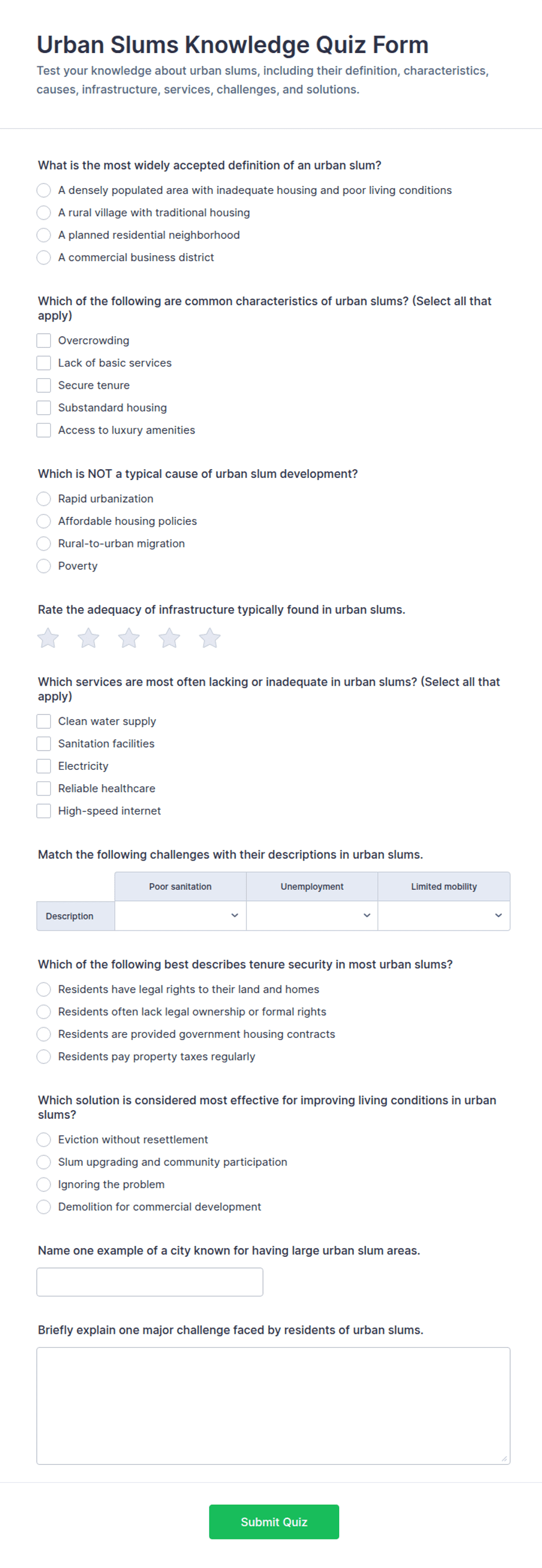 Urban Slums Knowledge Quiz Form Template | Jotform