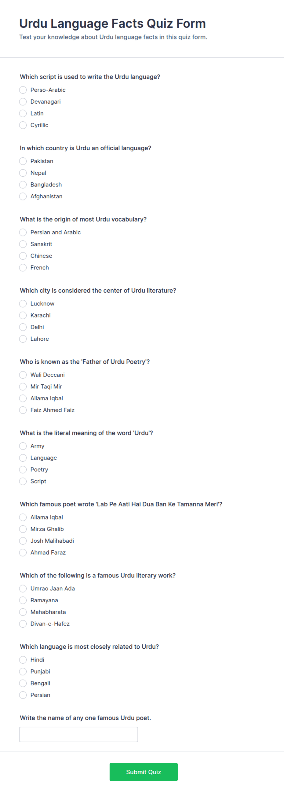 Urdu Language Facts Quiz Form Template | Jotform