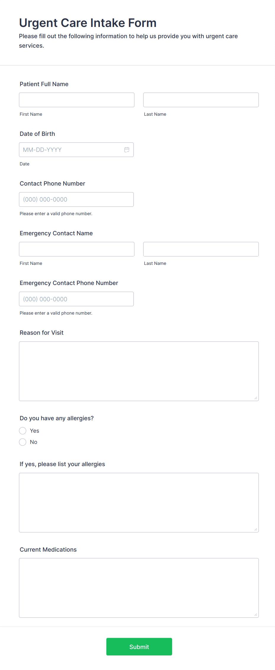 Urgent Care Intake Form Template | Jotform