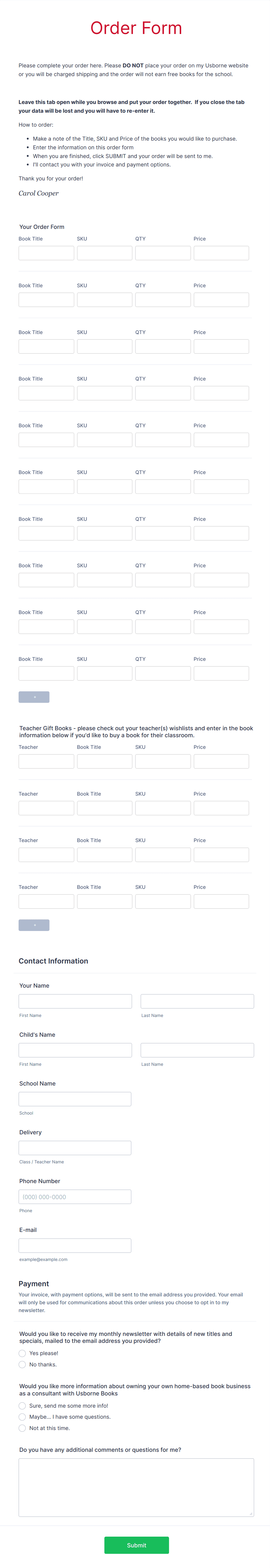 Usborne Order Form Template | Jotform