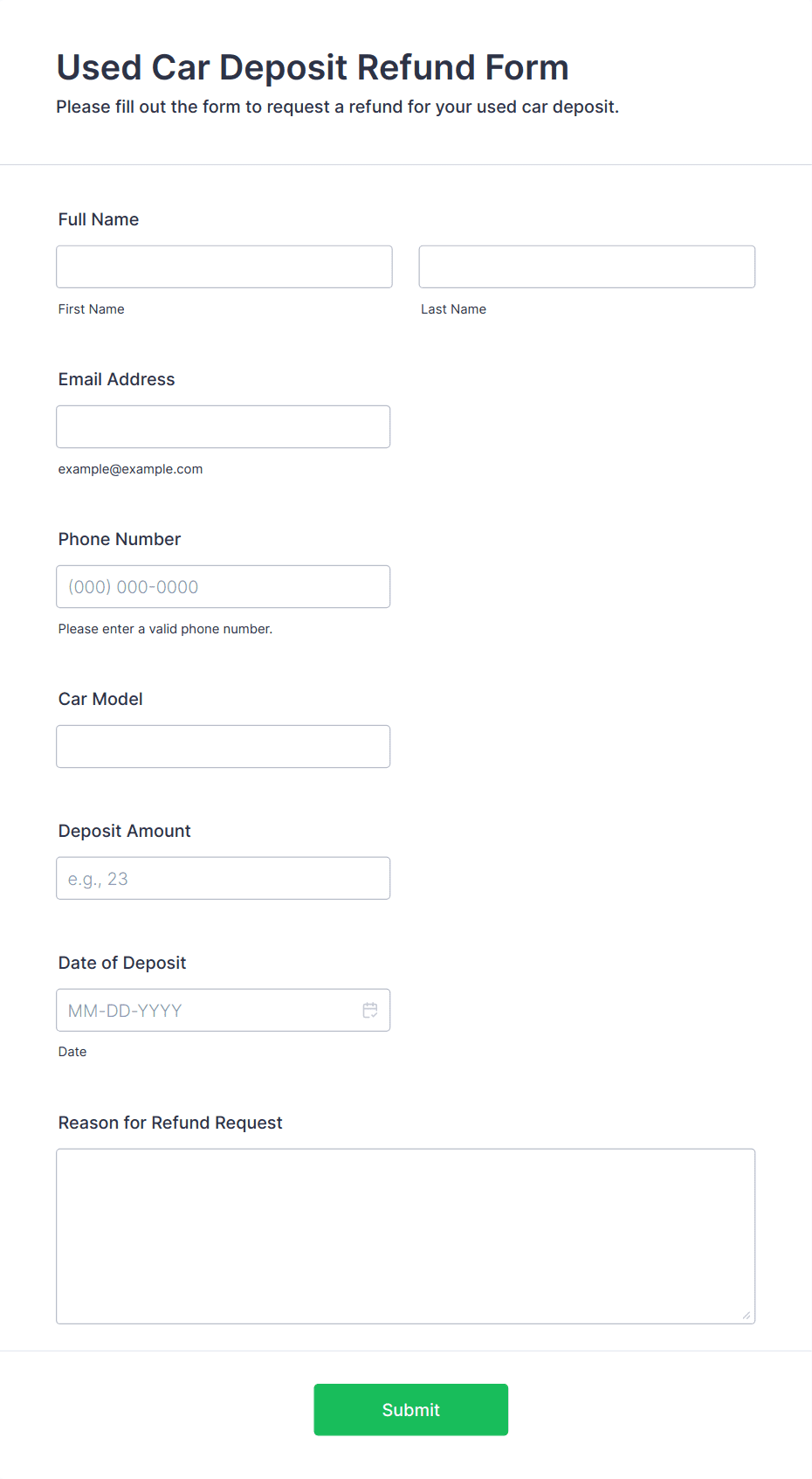 Used Car Deposit Refund Form Template | Jotform