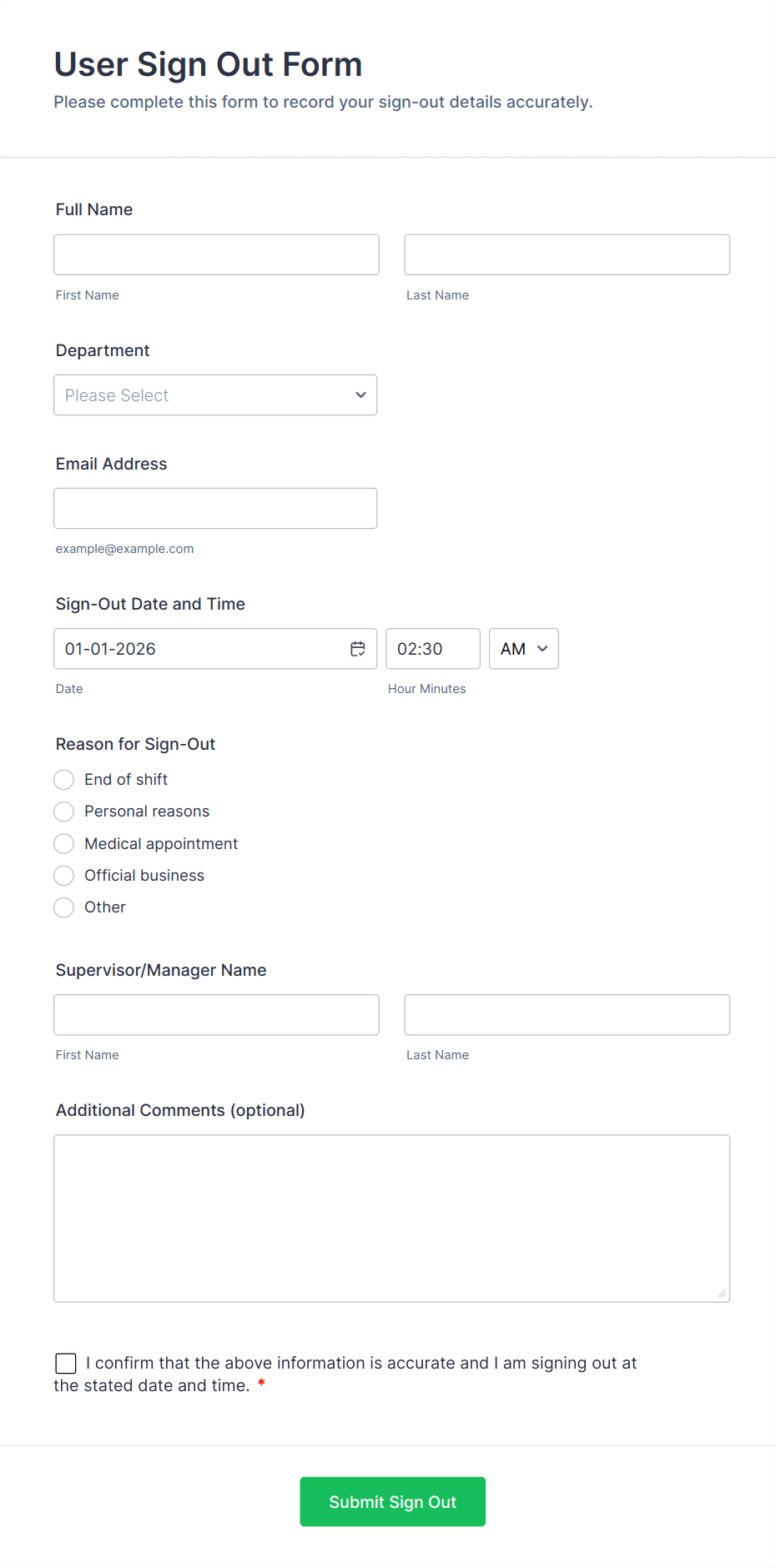 User Sign Out Form Template | Jotform