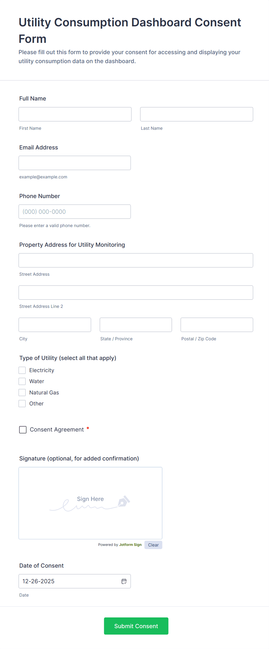Utility Consumption Dashboard Consent Form Template | Jotform