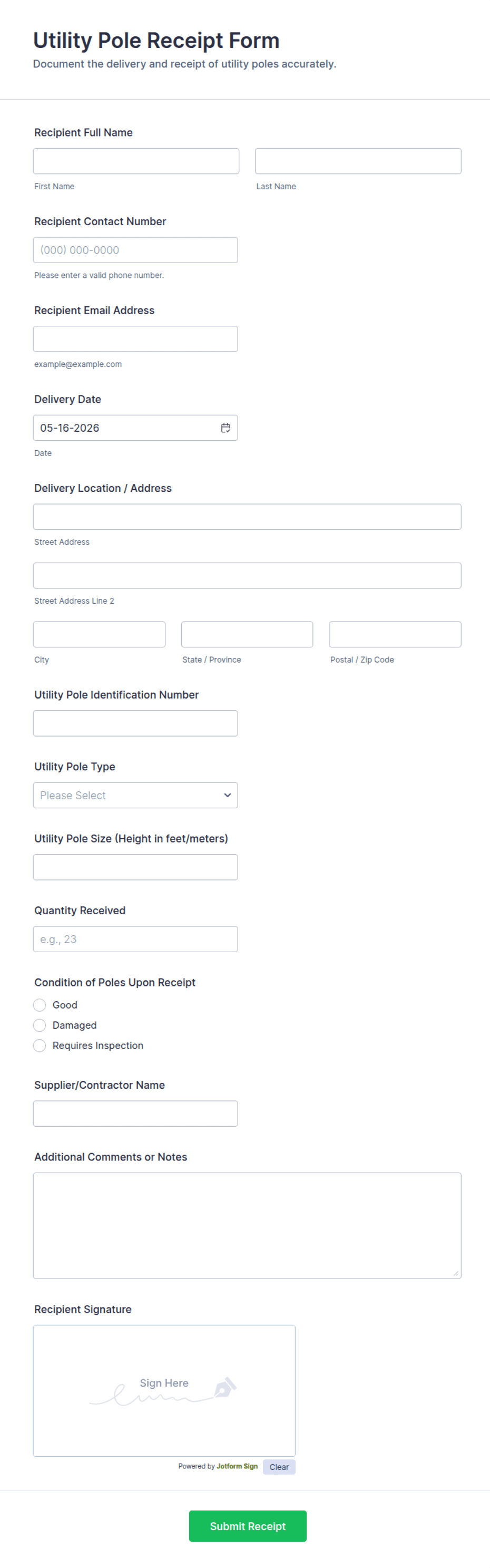 Utility Pole Receipt Form Template | Jotform