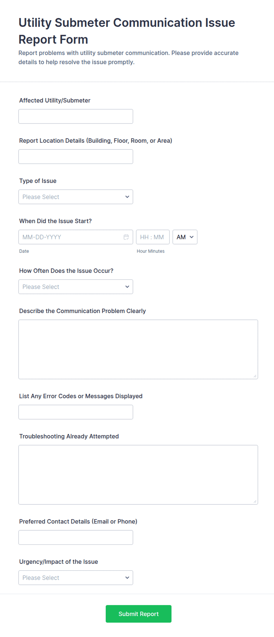 Utility Submeter Communication Issue Report Form Template | Jotform