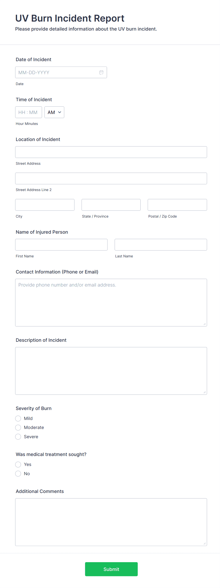 UV Burn Incident Report Form Template | Jotform
