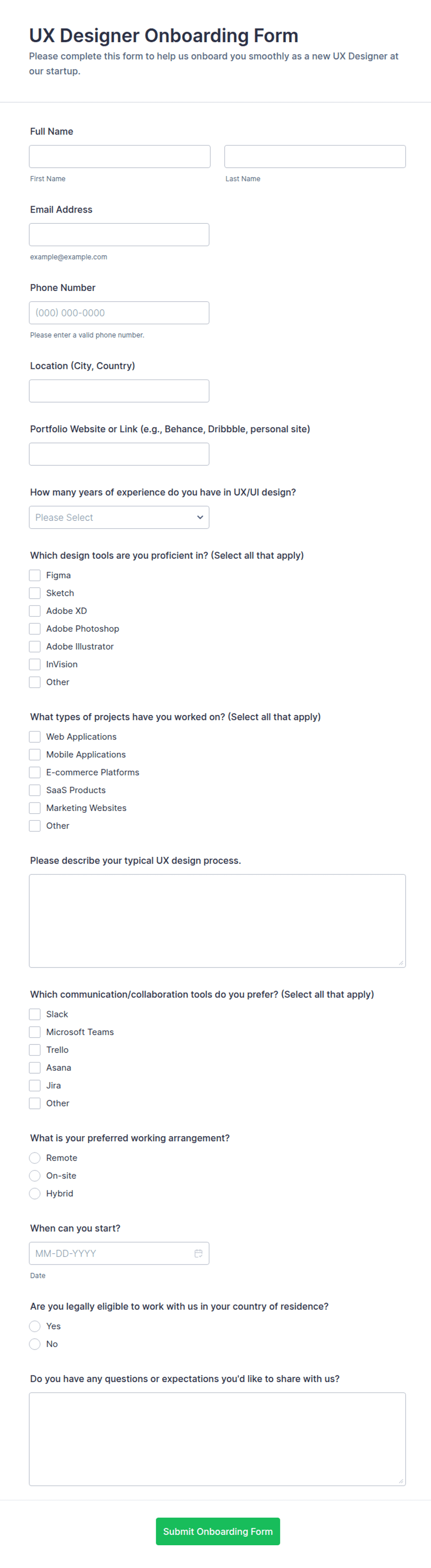 UX Designer Onboarding Form Template | Jotform
