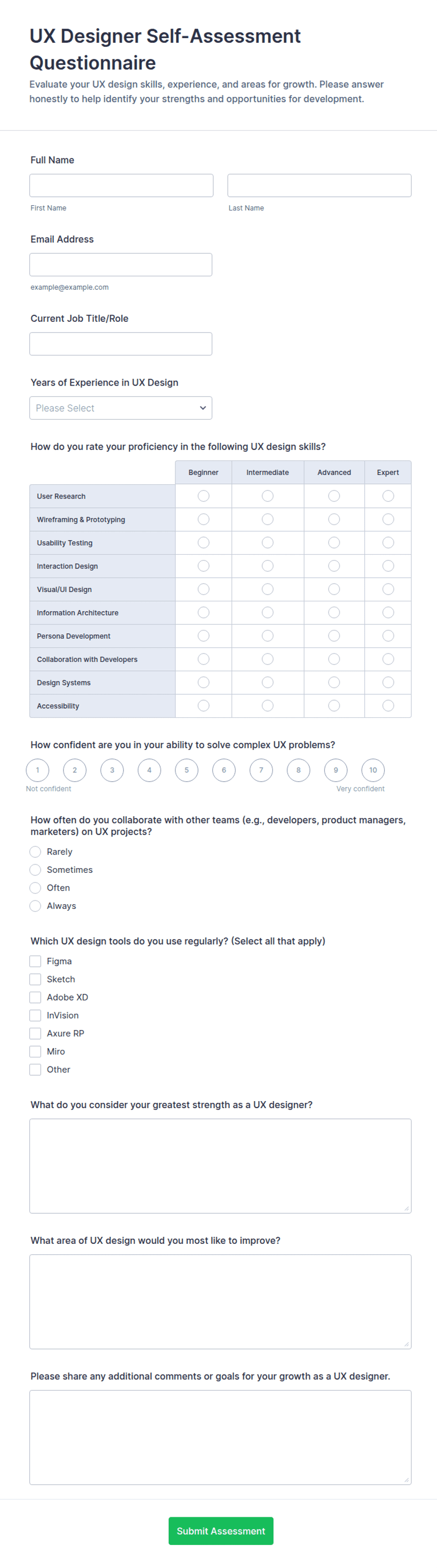 UX Designer Self-Assessment Questionnaire Form Template | Jotform