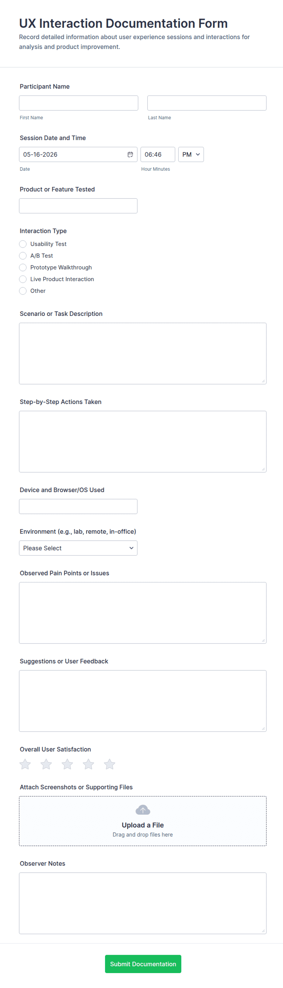 UX Interaction Documentation Form Template | Jotform