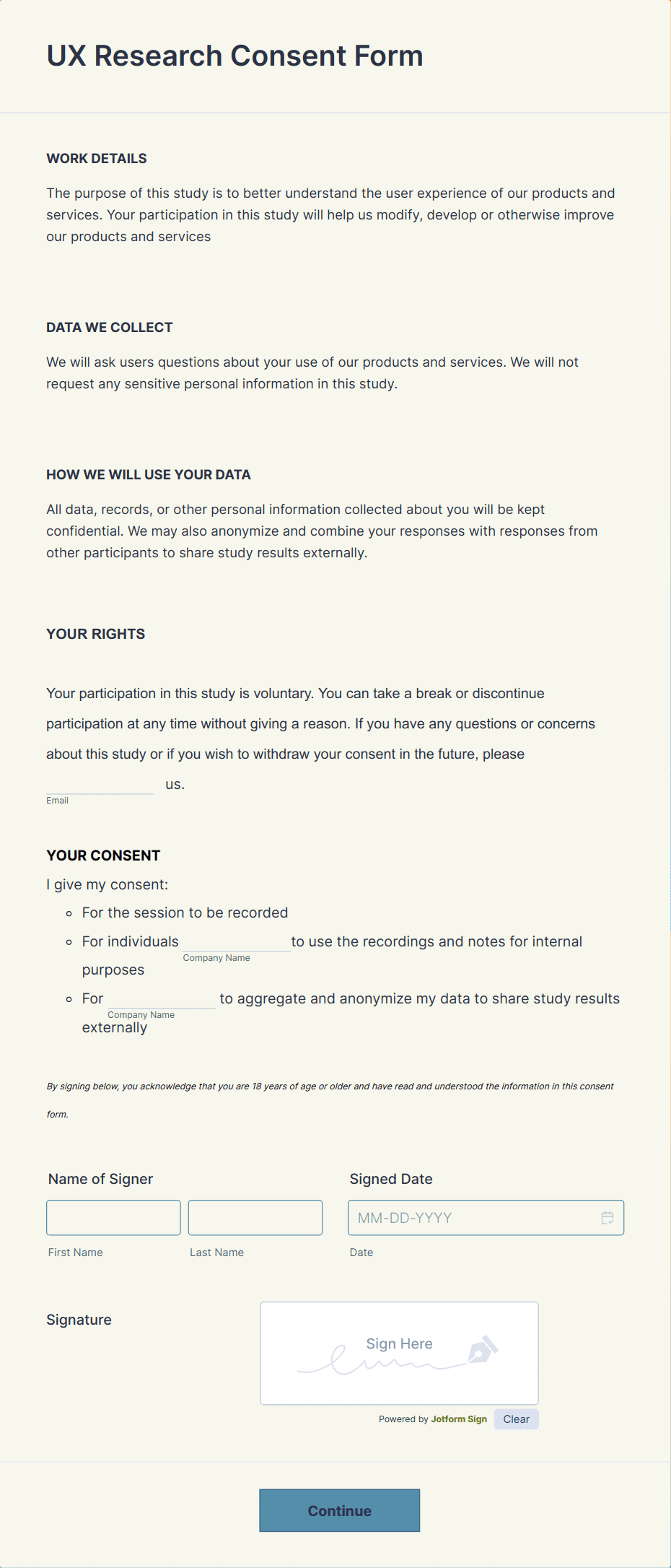 UX Research Consent Form Template | Jotform