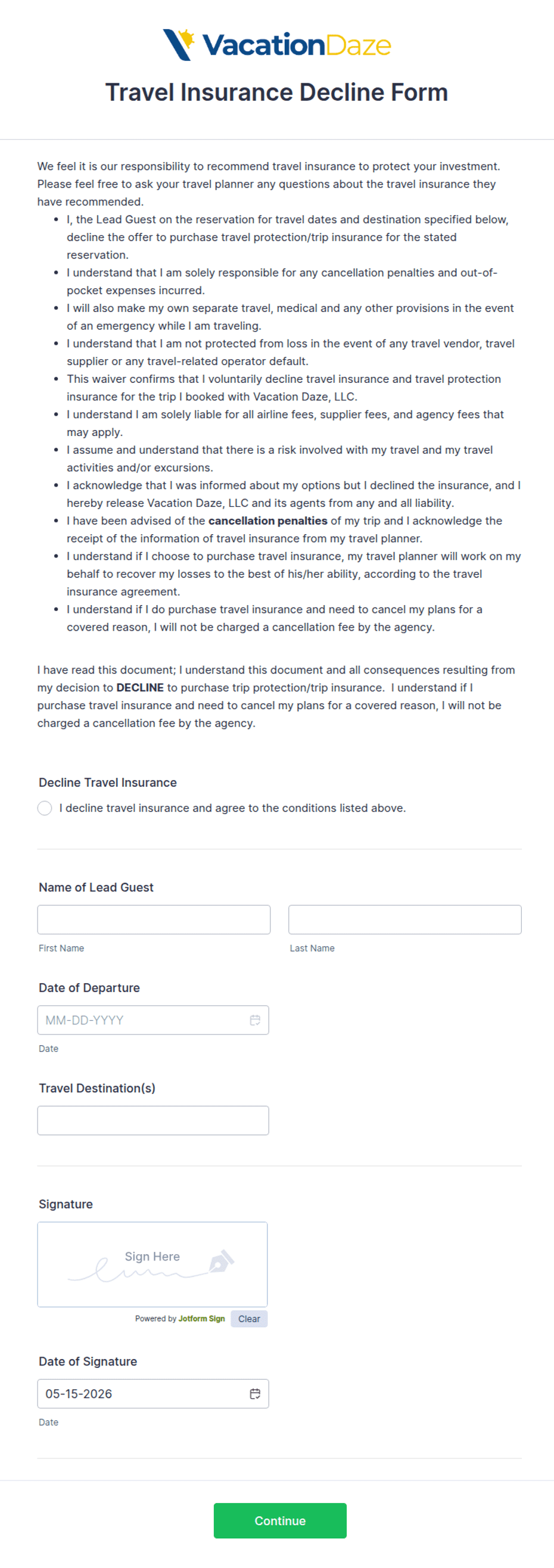 Travel Insurance Decline Form Template | Jotform