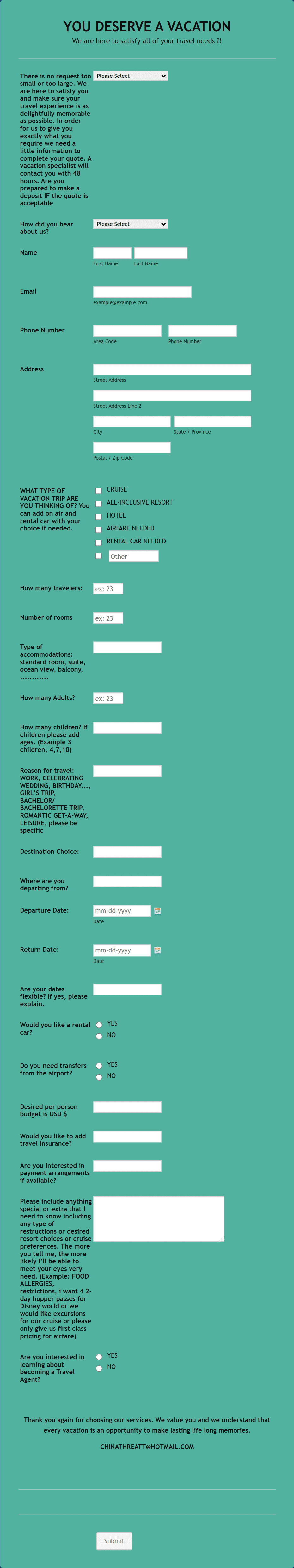 Vacation Quote Request Form Template | Jotform