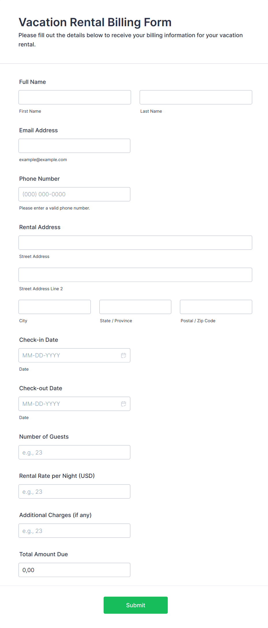 Vacation Rental Billing Form Template | Jotform