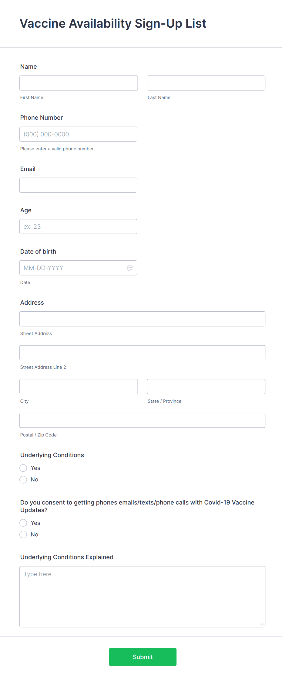 Vaccine Availability Sign-Up List Form Template | Jotform