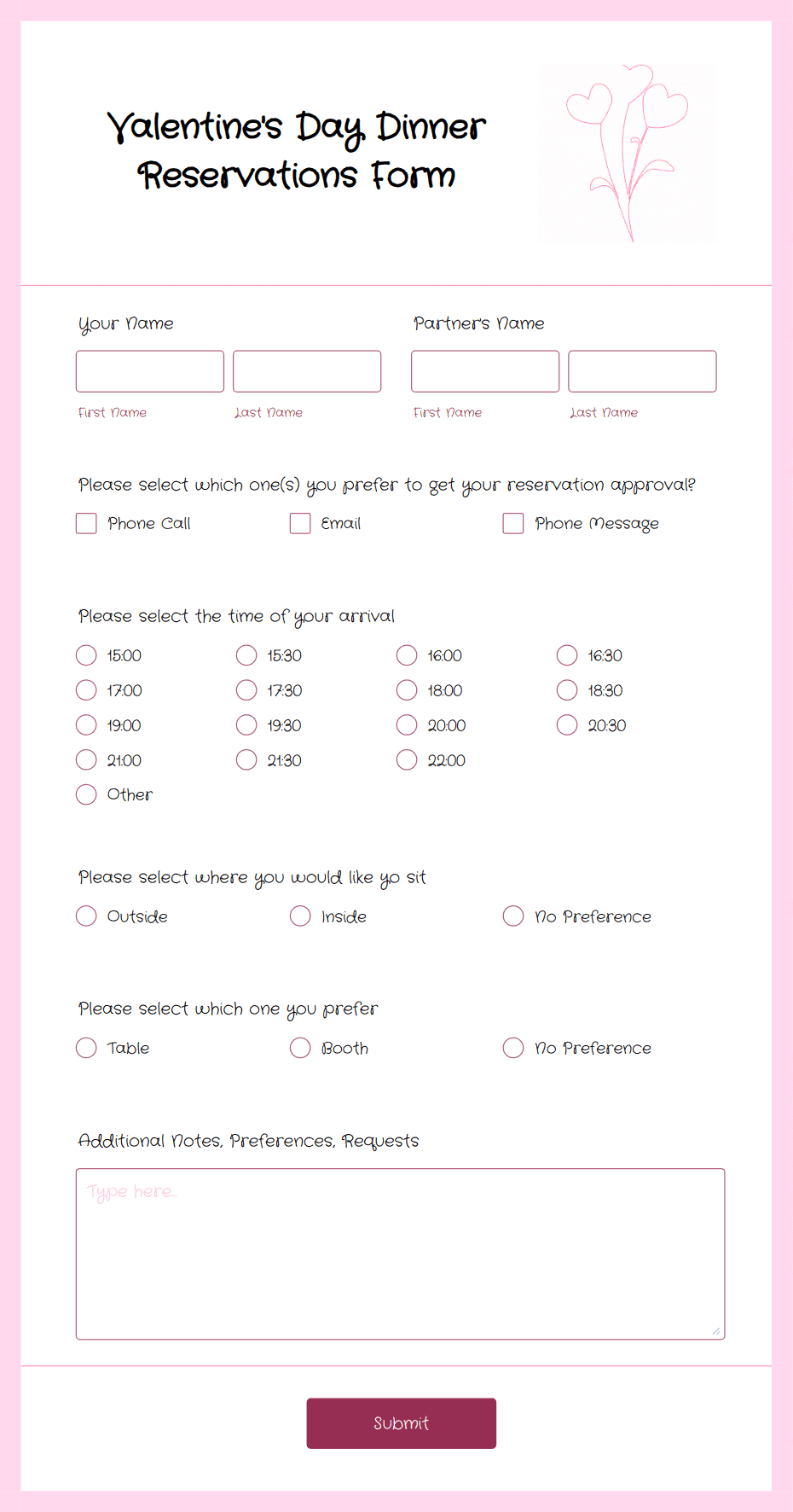 Valentines Day Dinner Reservations Form Template | Jotform