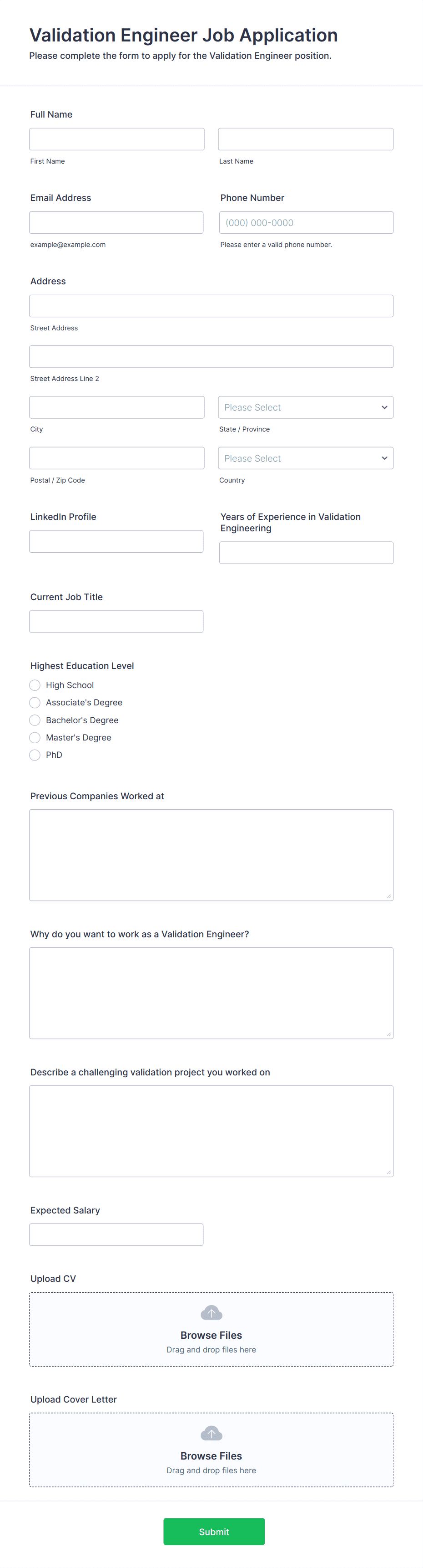 Validation Engineer Job Application Form Template | Jotform