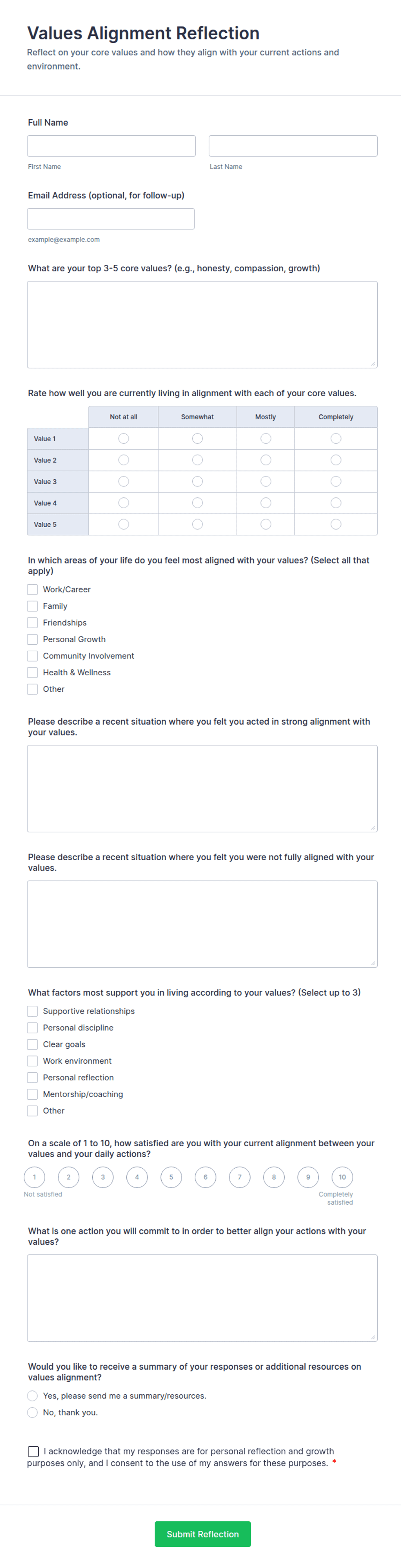 Values Alignment Reflection Form Template | Jotform