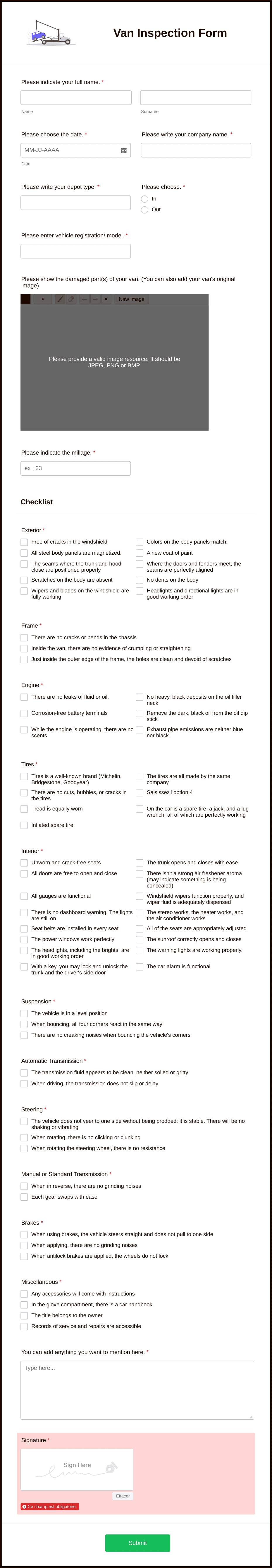Van Inspection Form Template | Jotform