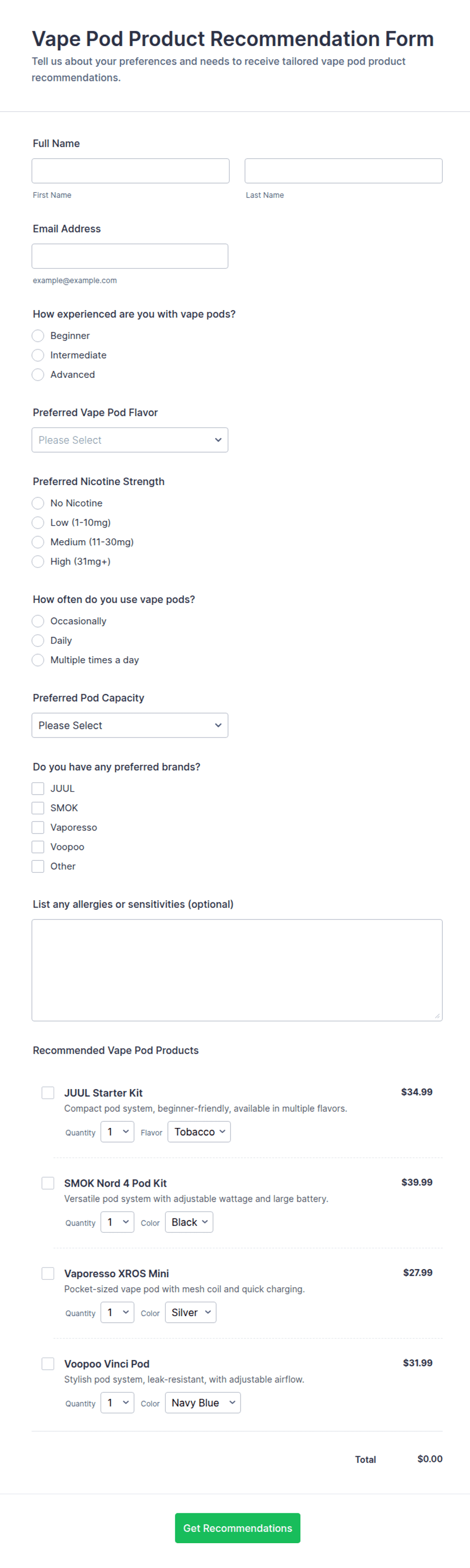 Vape Pod Product Recommendation Form Template | Jotform