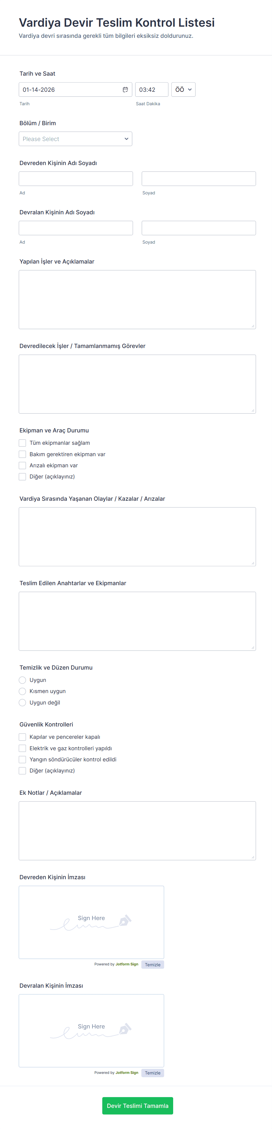 Vardiya Devir Teslim Kontrol Listesi Form Şablonu | Jotform