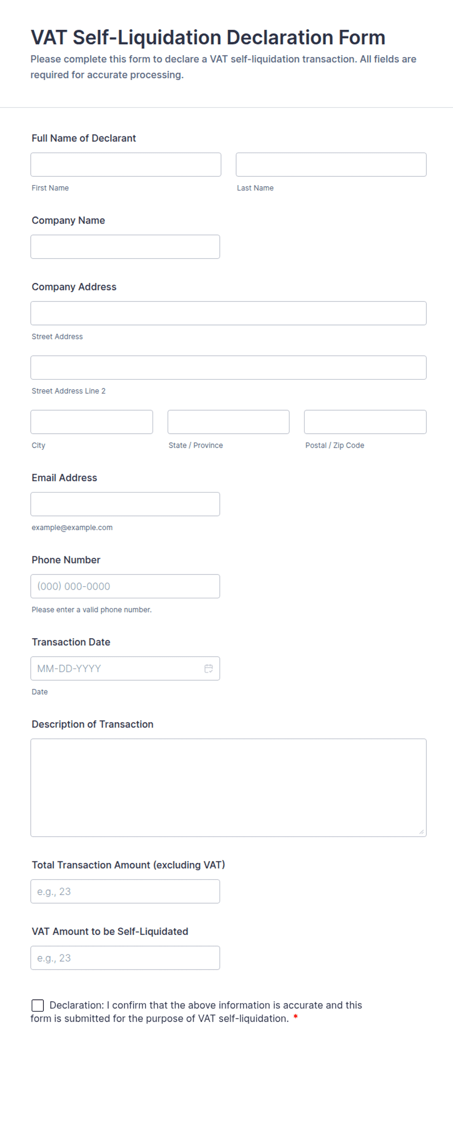 VAT Self-Liquidation Declaration Form Template | Jotform