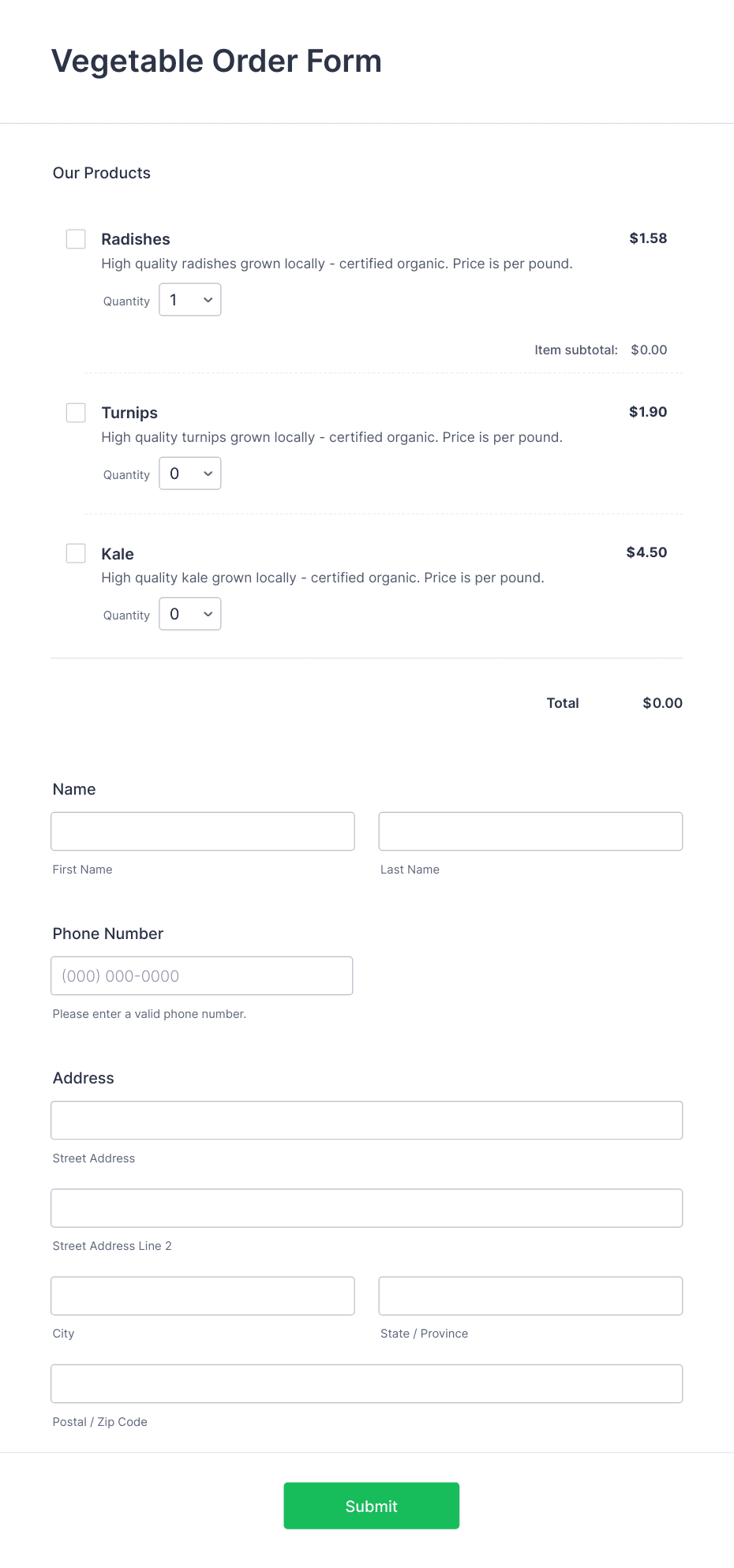 Vegetable Order Form Template | Jotform