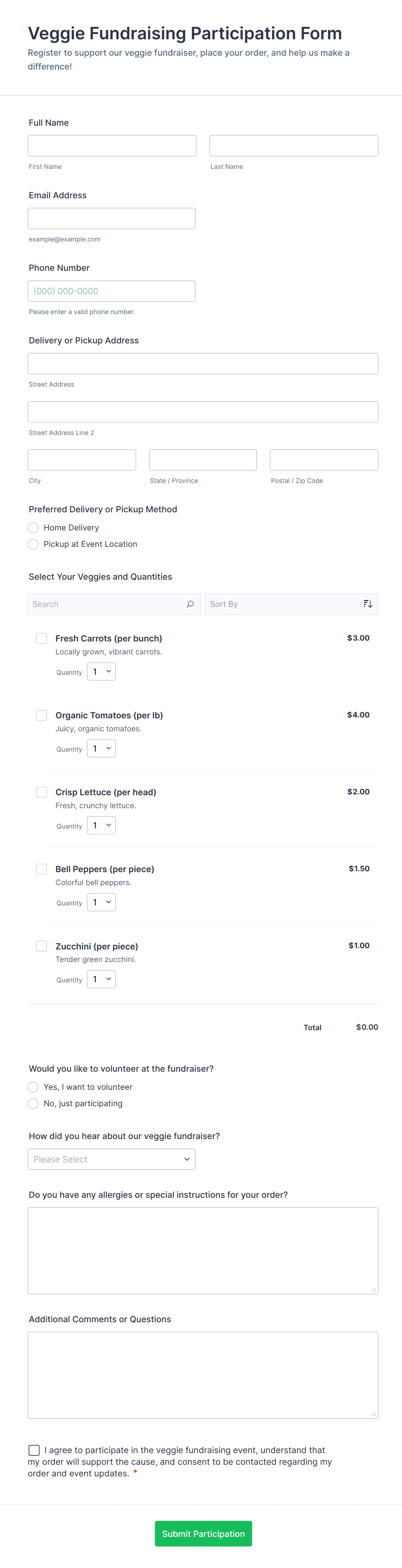 Veggie Fundraising Participation Form Form Template | Jotform