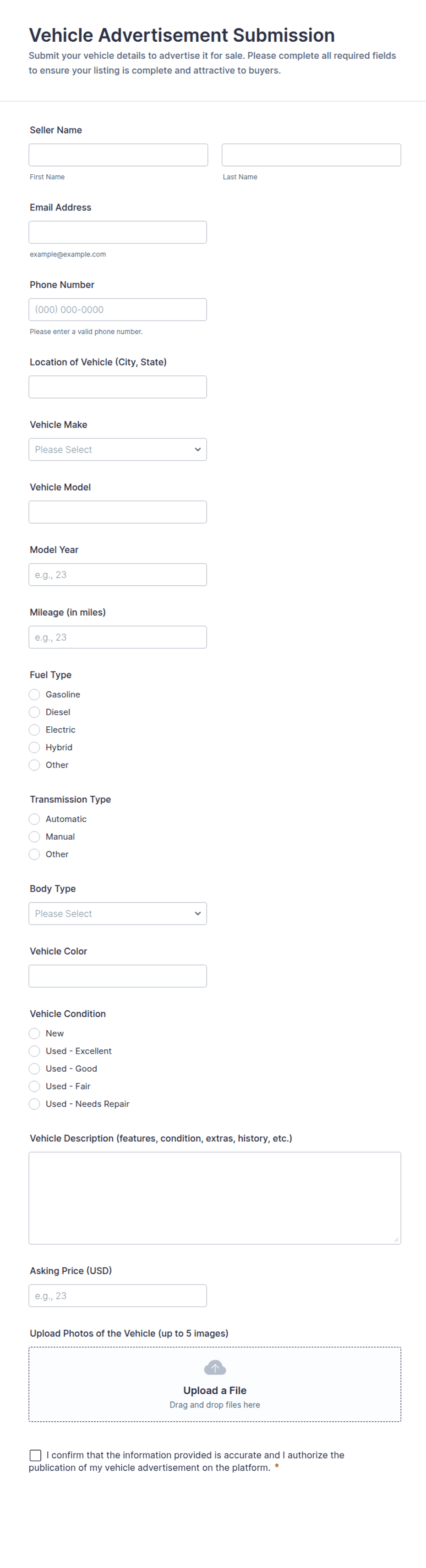 Vehicle Advertisement Submission Form Template | Jotform